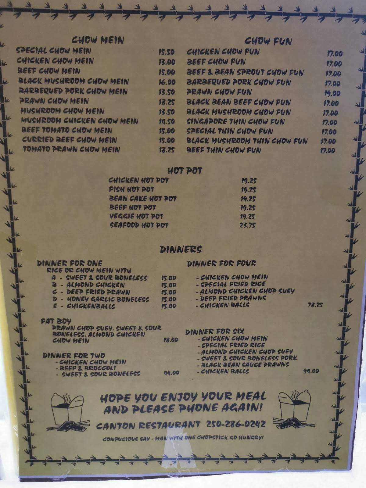 Menu at Canton Restaurant, Campbell River