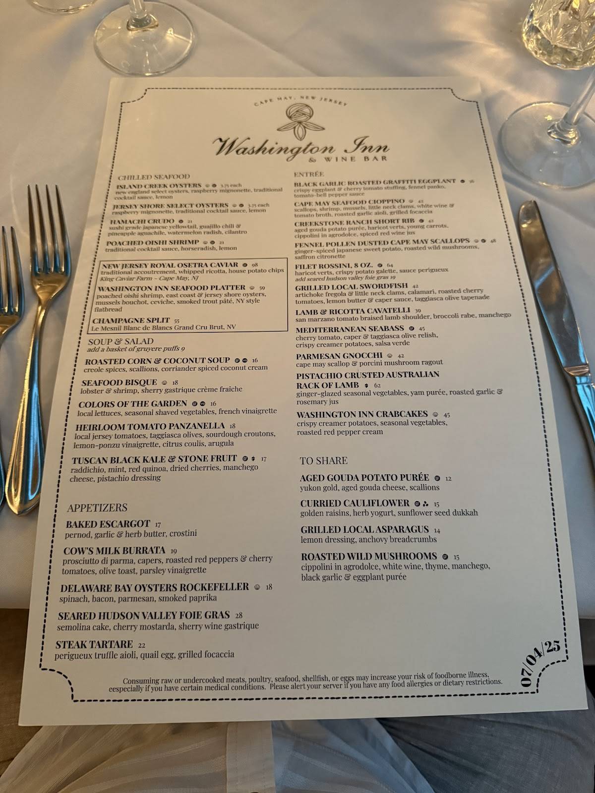 Menu at Washington Inn & Wine Bar, Cape May