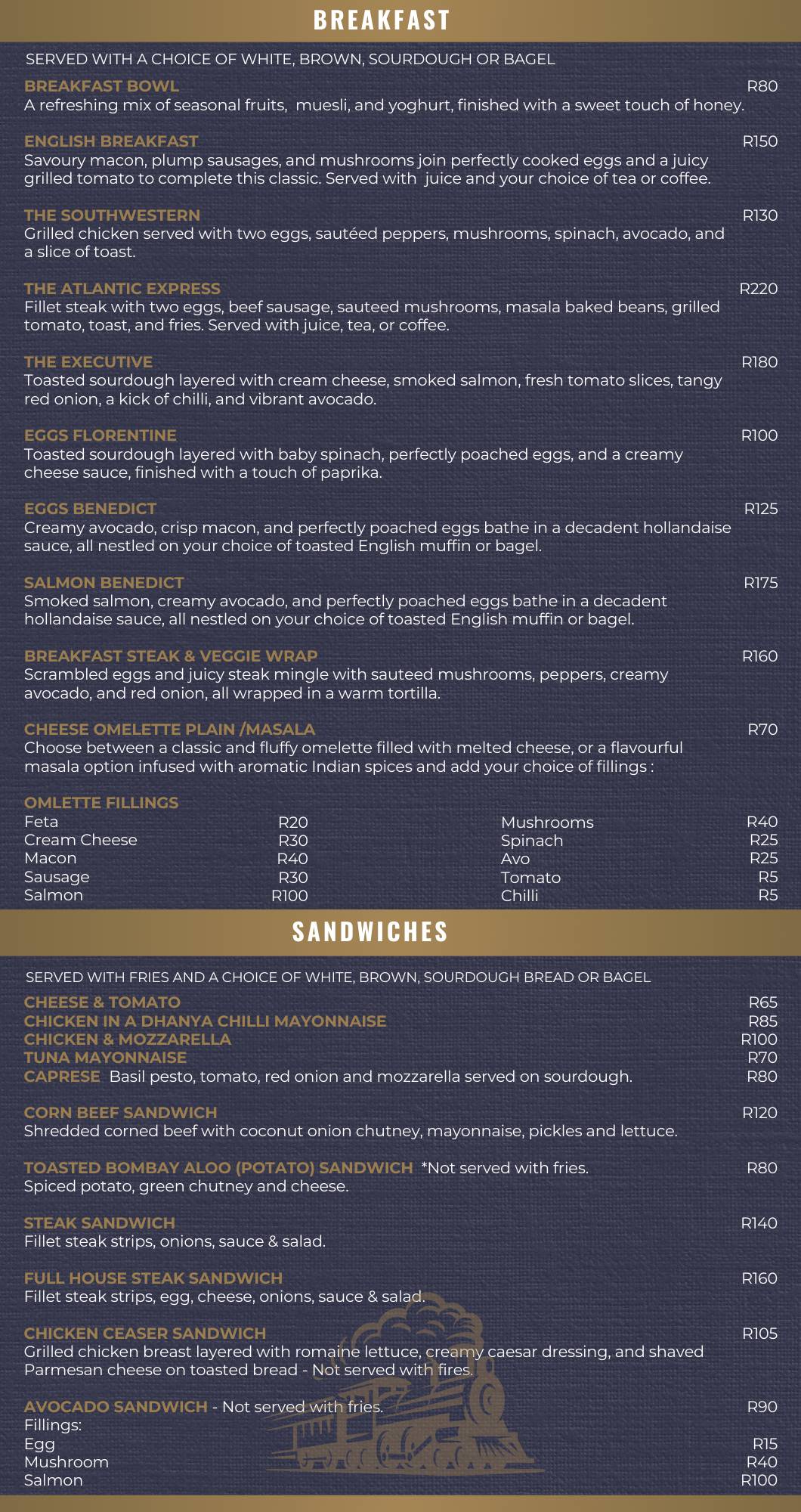Menu at Atlantic Express Train Restaurant, Cape Town