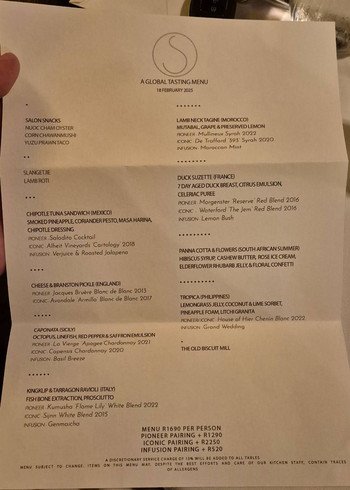 Menu at Salon restaurant, Cape Town
