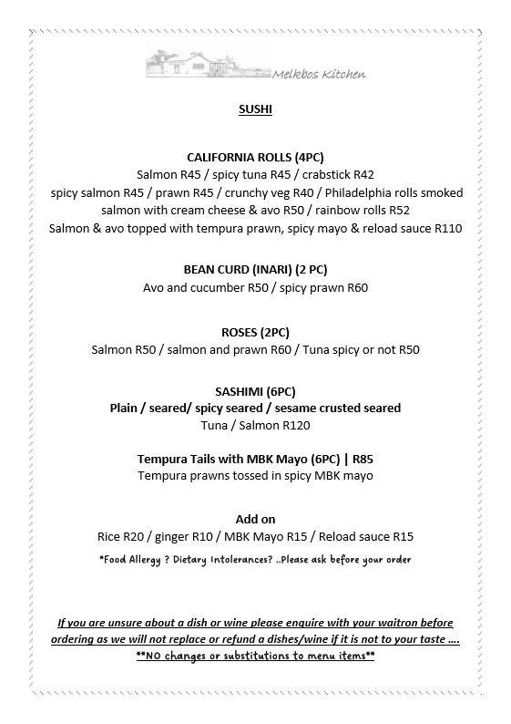 Menu at The Melkbos Kitchen restaurant, Cape Town