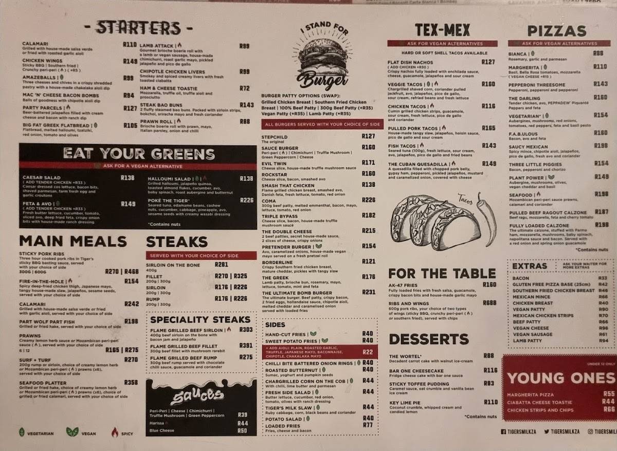 Menu at Tiger's Milk V&A Waterfront restaurant, Cape Town