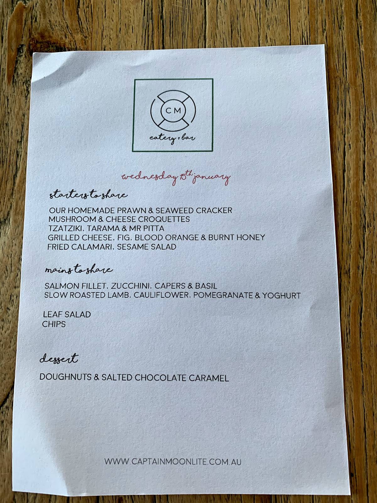Menu at Captain Moonlite restaurant, Anglesea