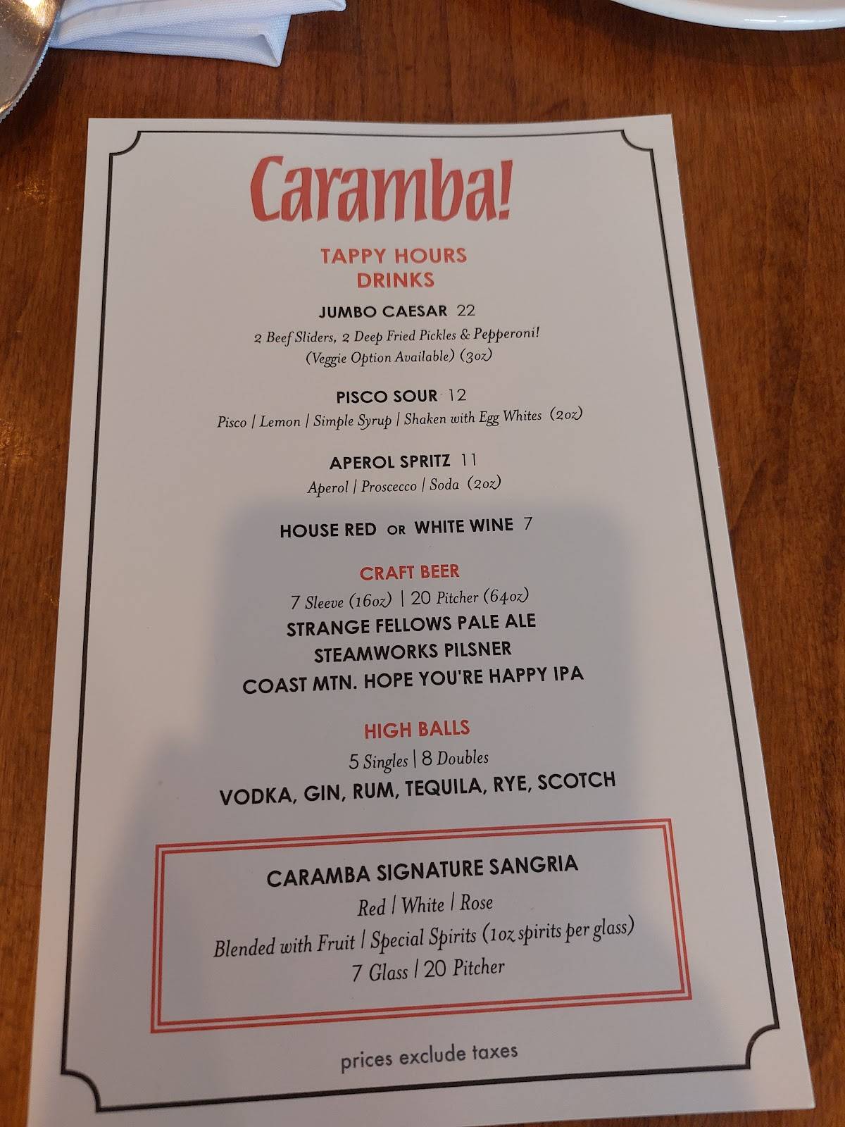 Menu at Caramba Restaurant, Whistler