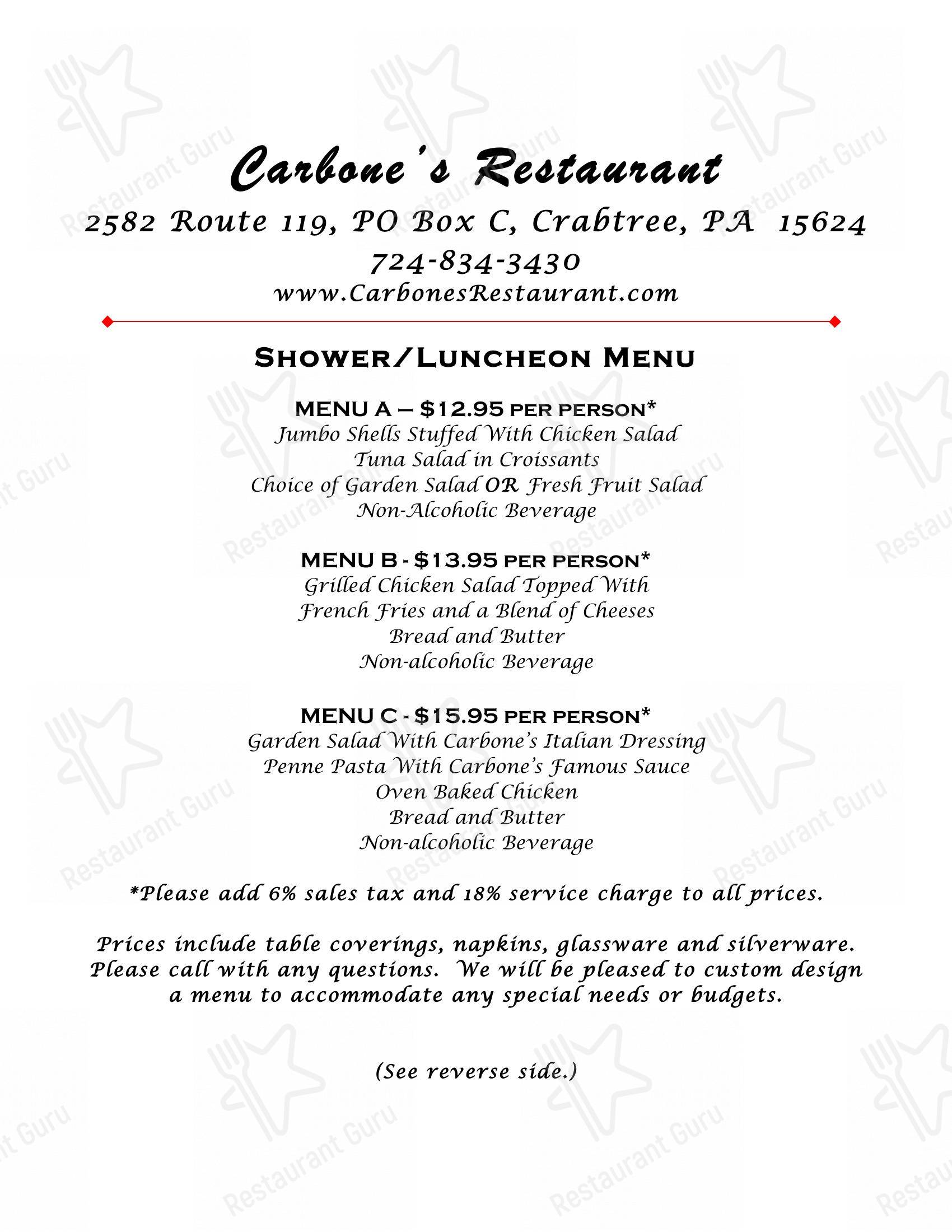 Menu at Carbone's Restaurant, Crabtree