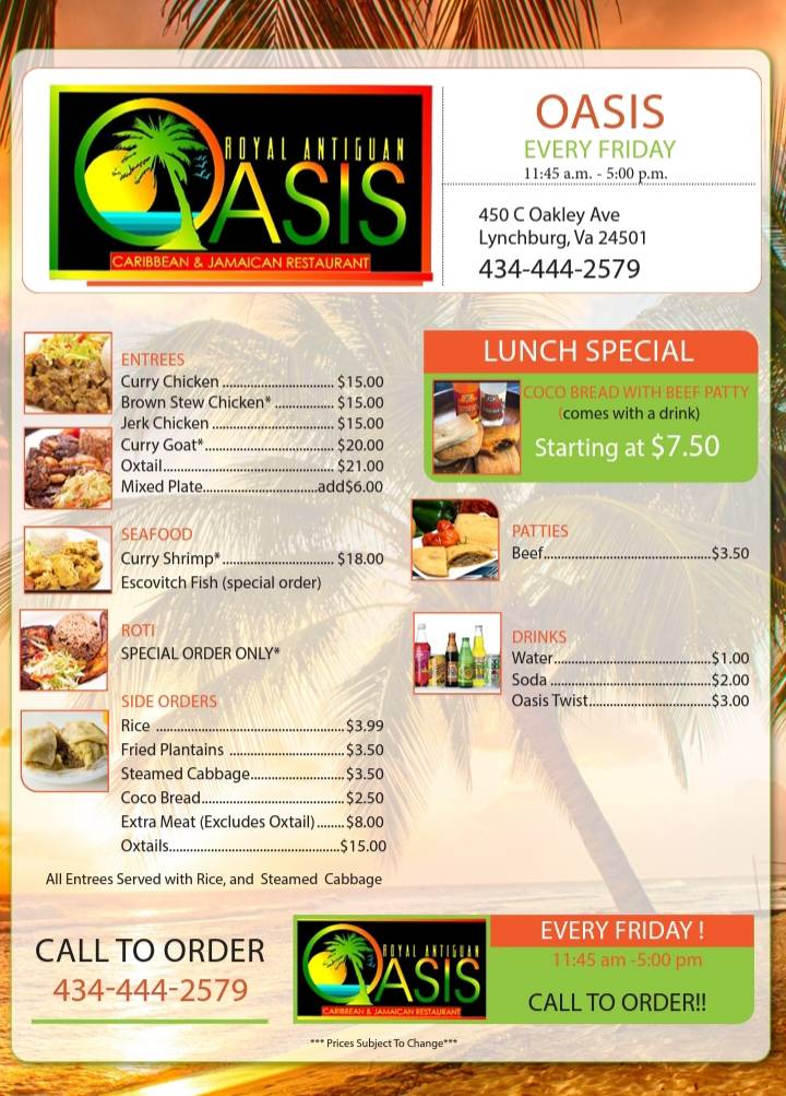 Menu at Caribbean Restaurant Oasis, Lynchburg