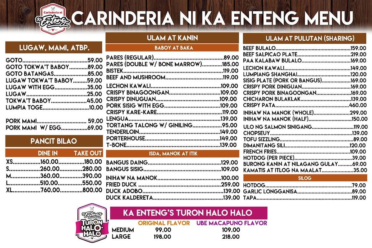 Menu at Carinderia ni Ka Enteng restaurant, Pulilan