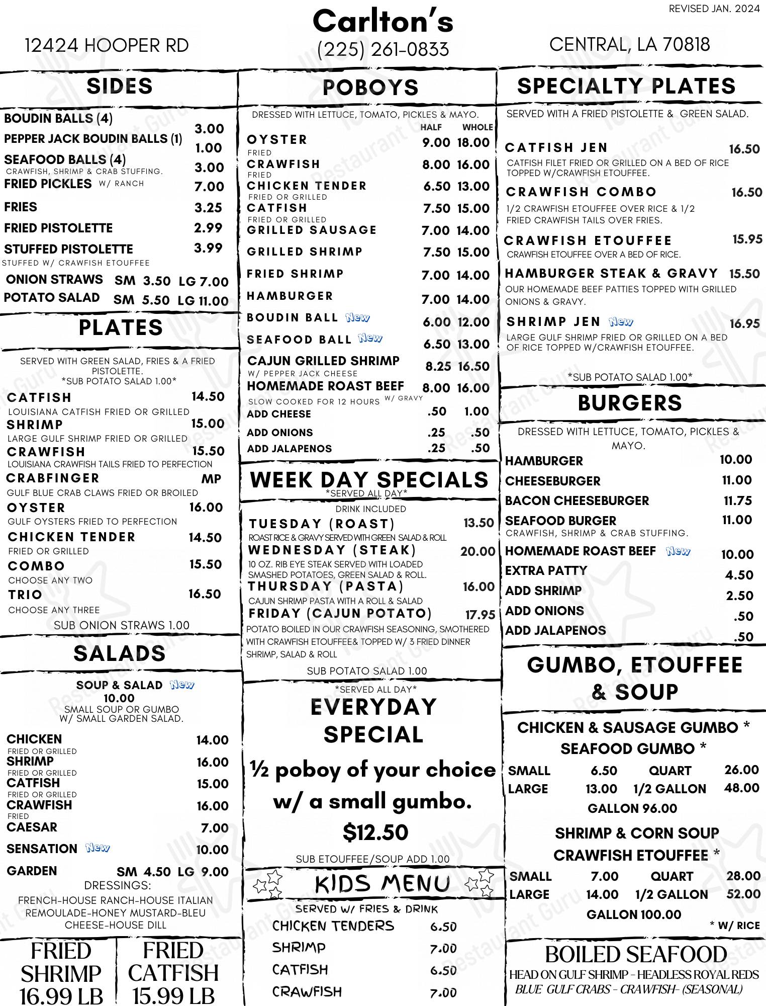 Menu at Carlton's Seafood & Catering restaurant, Baton Rouge, Hooper Rd