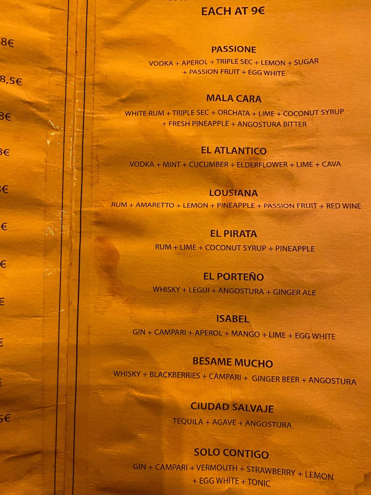 Carta de Carnal Cocktail Bar, Barcelona