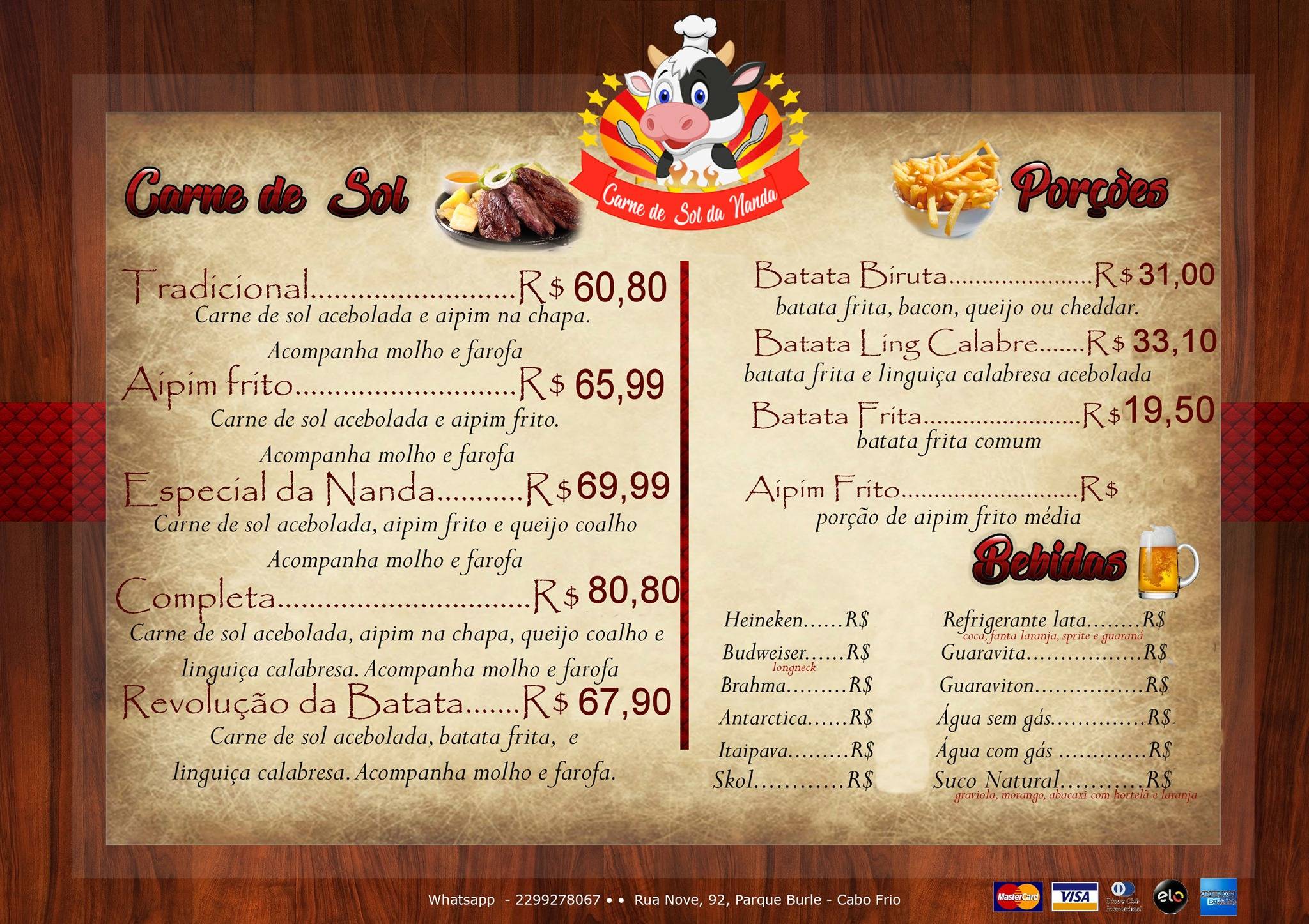 Menu em Carne de Sol da Nanda restaurante, Cabo Frio