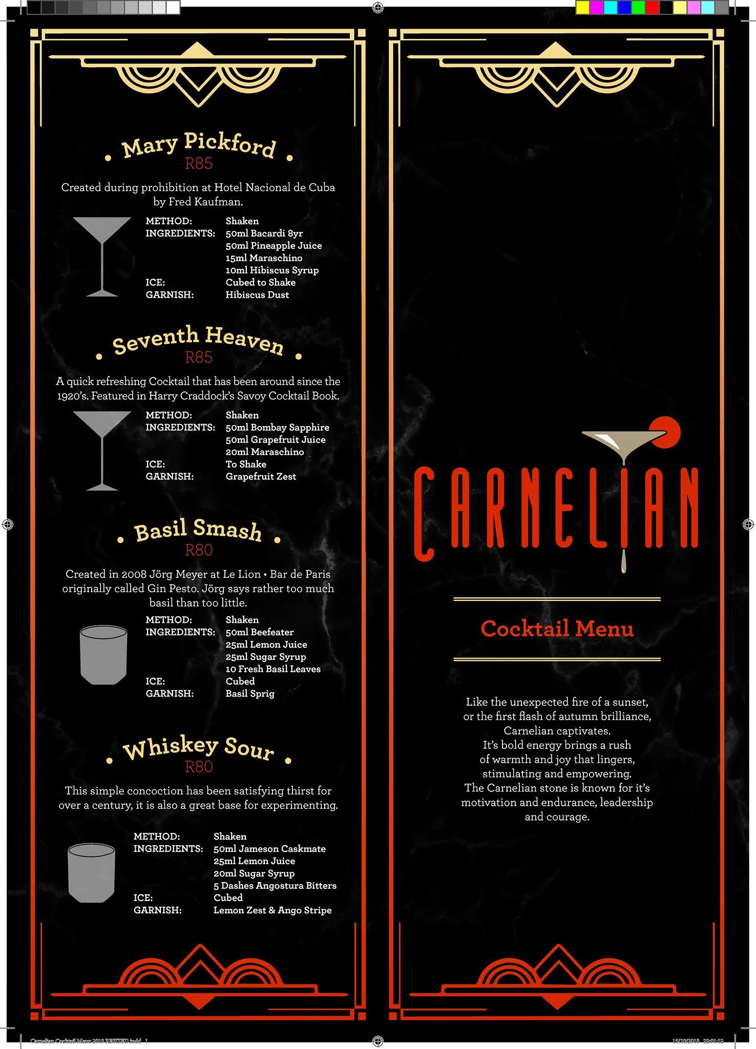 Menu at Carnelian at The ROCK restaurant, Sandton, The Rock