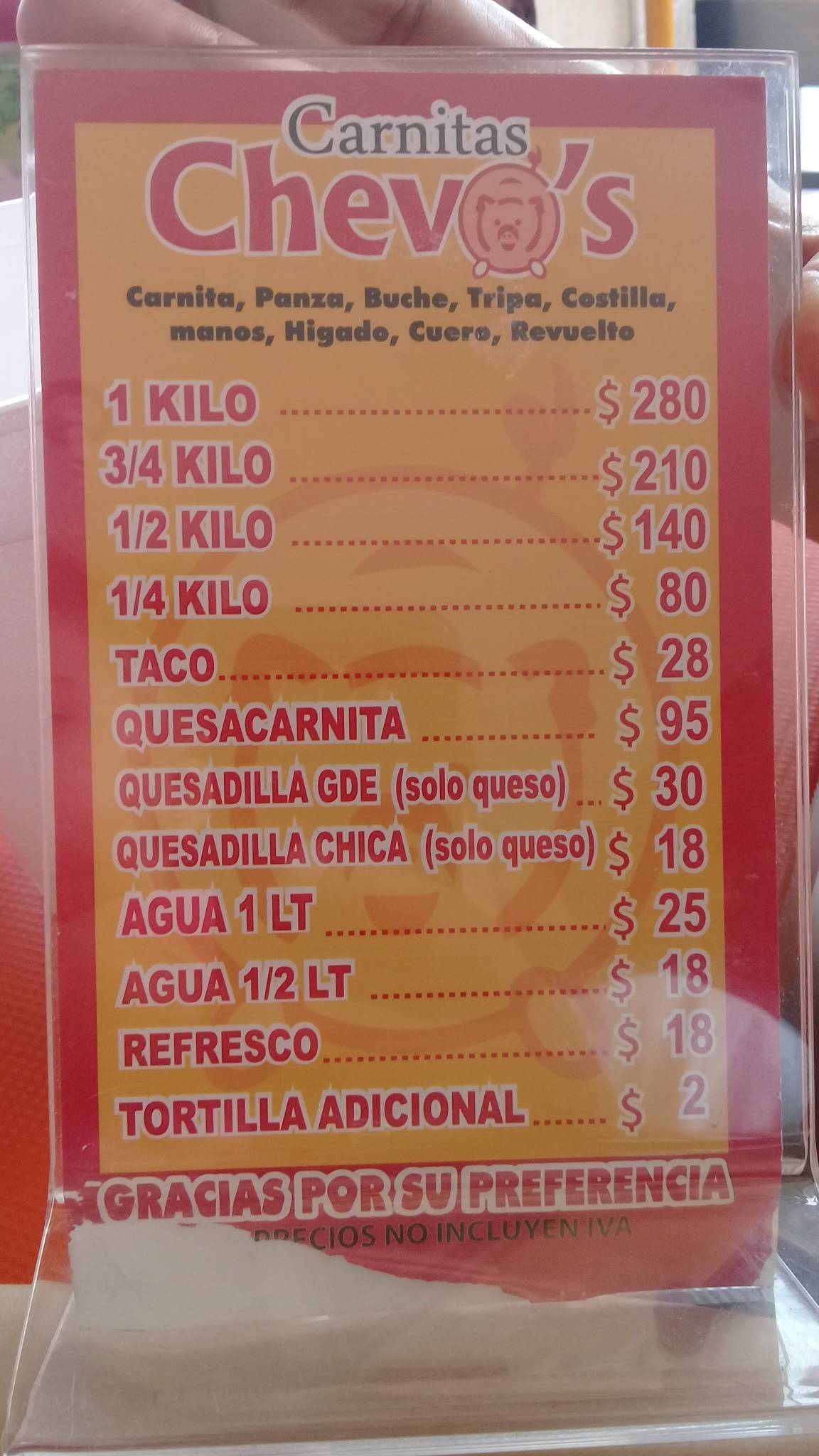 Carta del restaurante Carnitas Chevo's, Culiacán Rosales