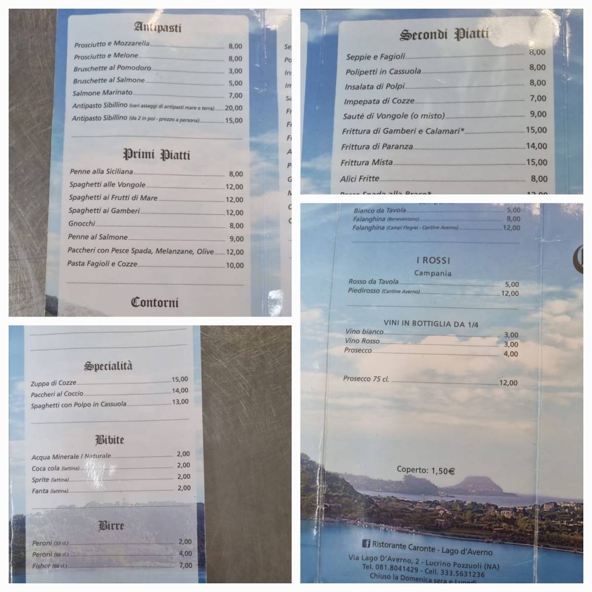 Menu da Caronte ristorante, Pozzuoli, Via Lago Averno Lato Destro