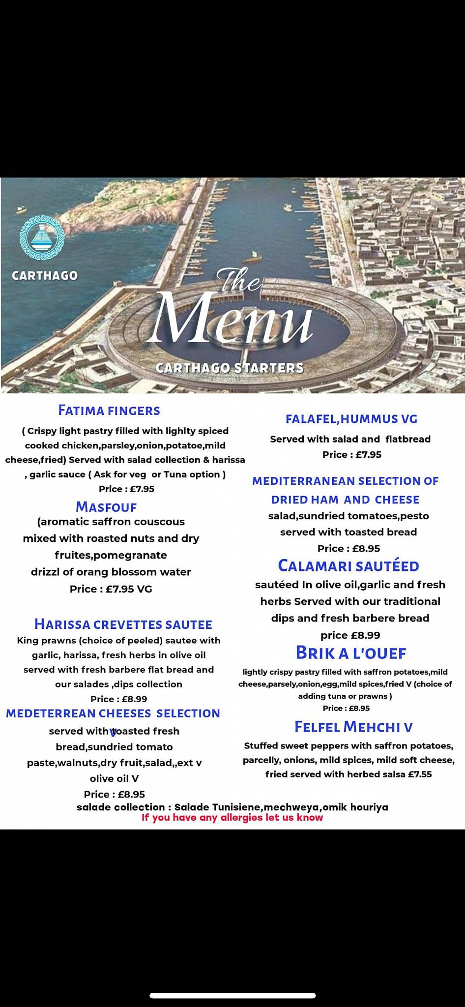 Menu at Carthago Restaurant, Moira