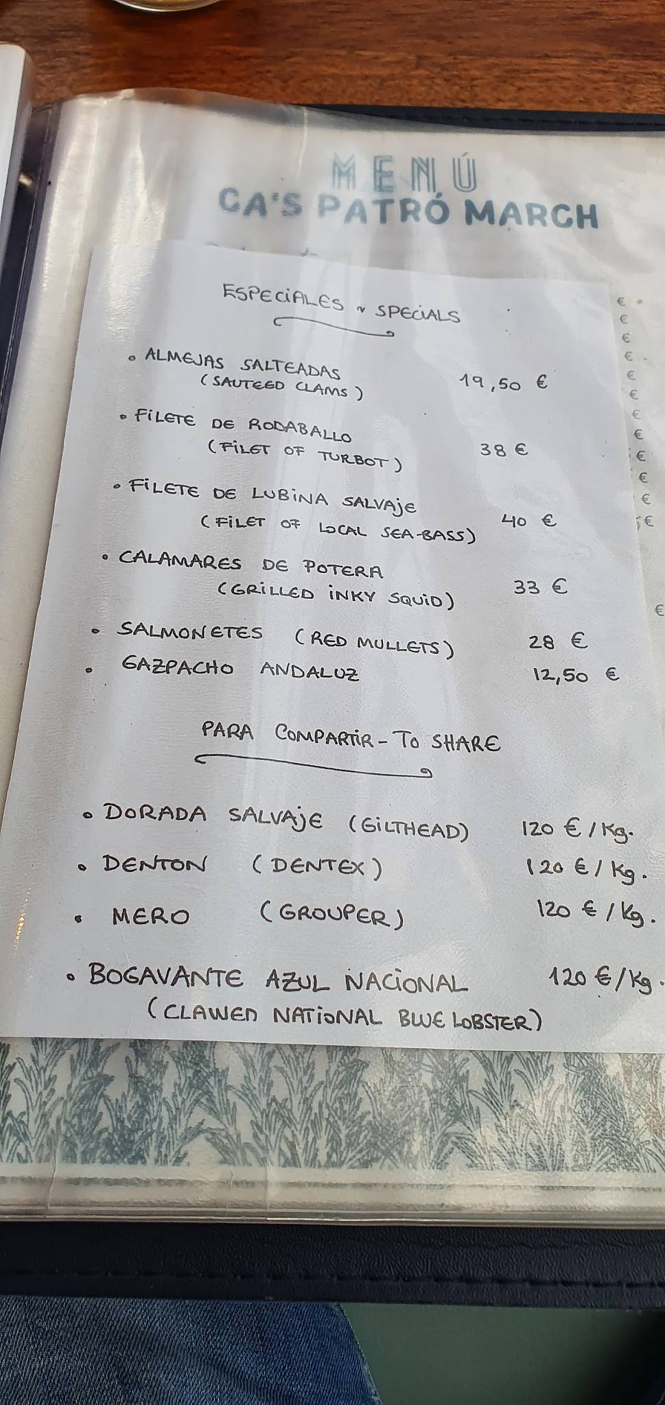 Menu at Ca's Patró March restaurant, Deià