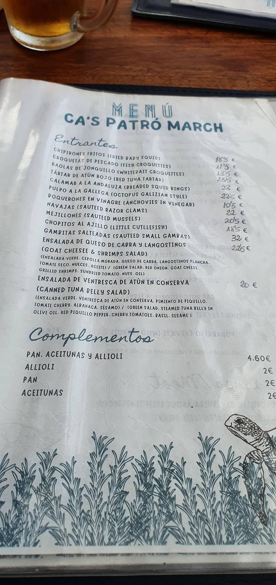 Menu at Ca's Patró March restaurant, Deià