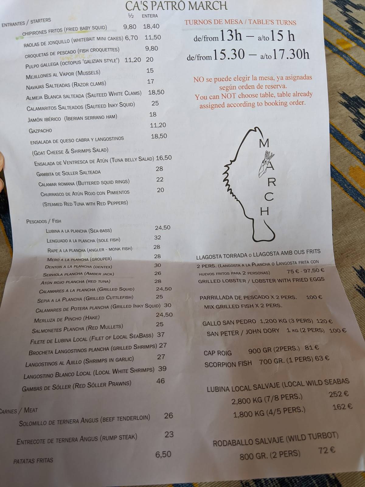 Menu at Ca's Patró March restaurant, Deià