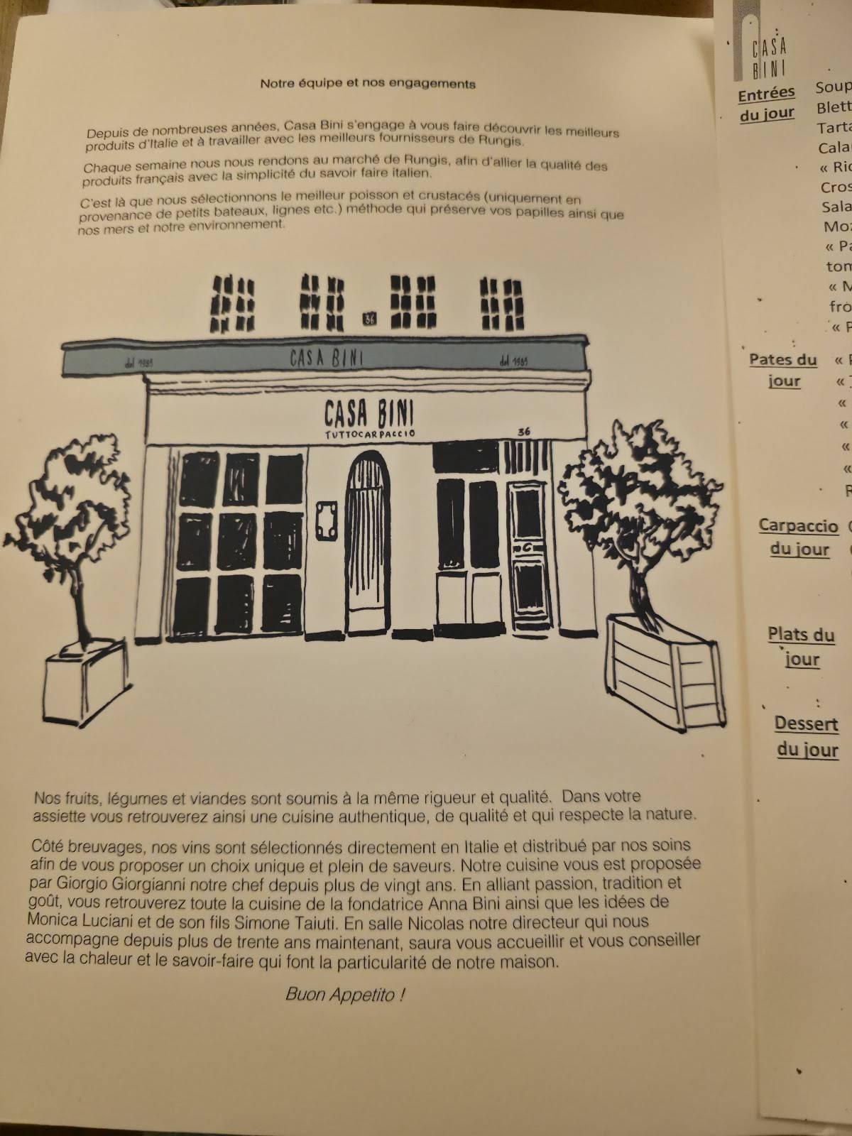 Menu au Casa Bini restaurant, Paris