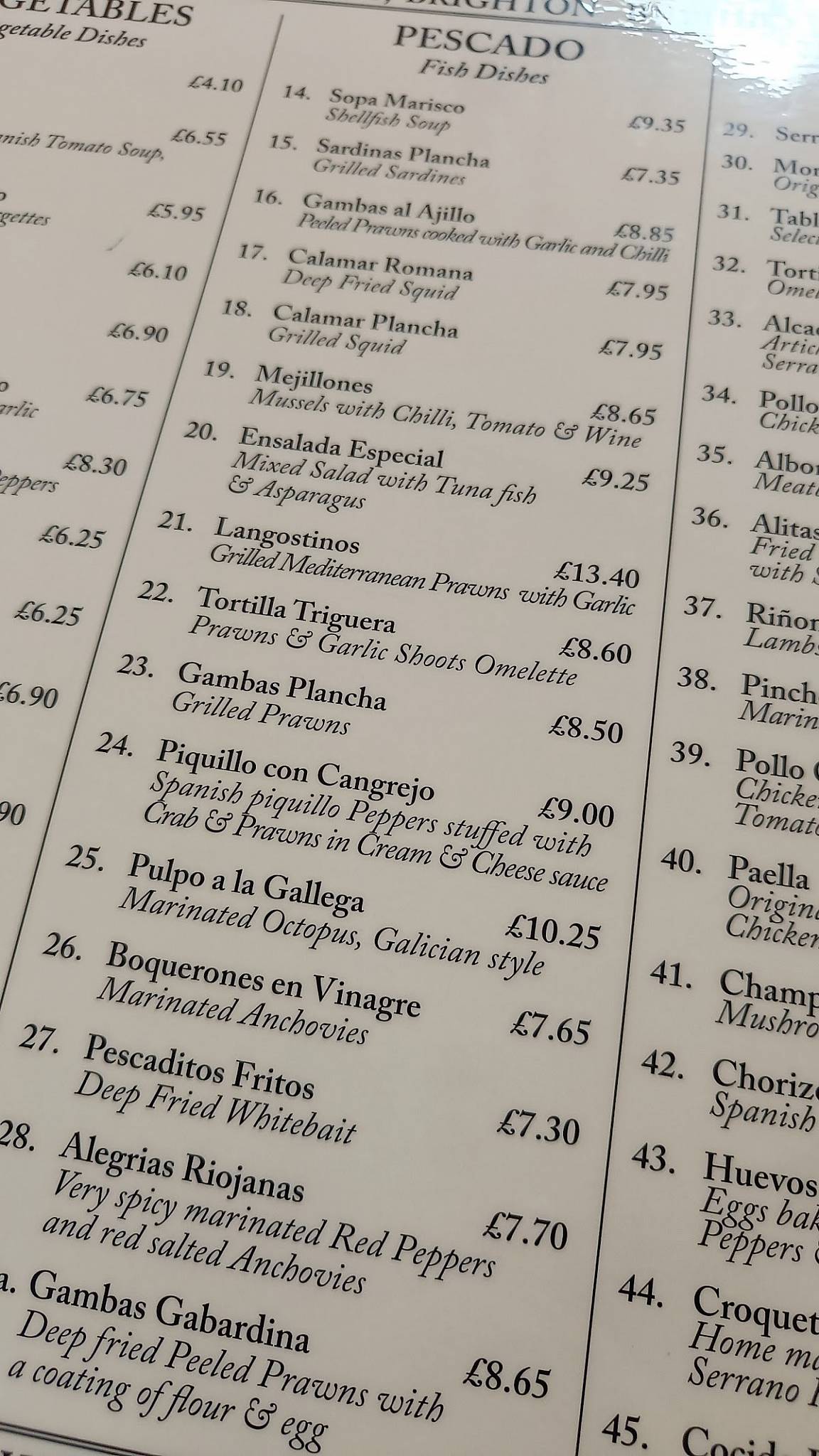 Menu at Casa Don Carlos restaurant, Brighton