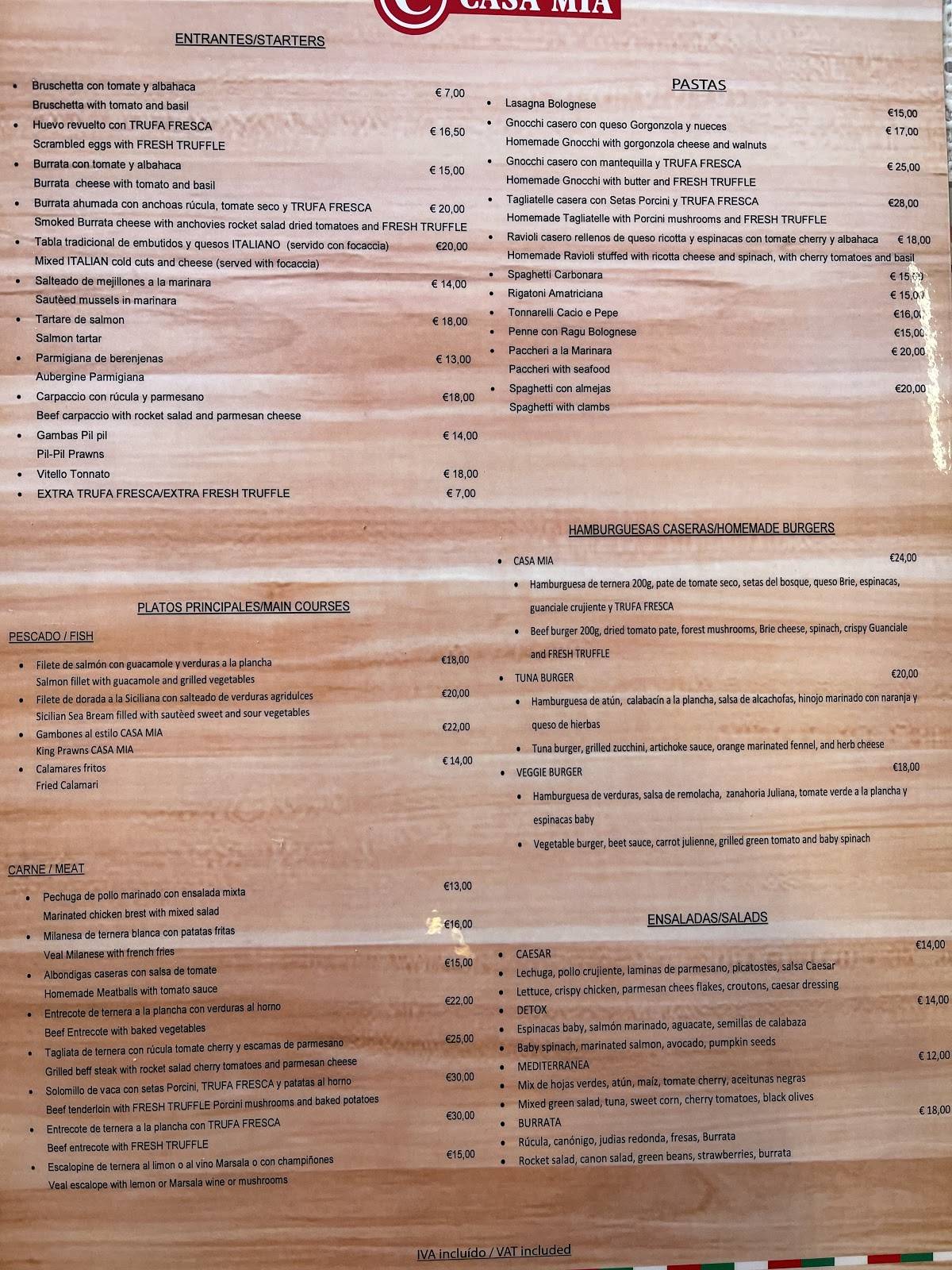 Menu at Casa Mia restaurant, Marbella