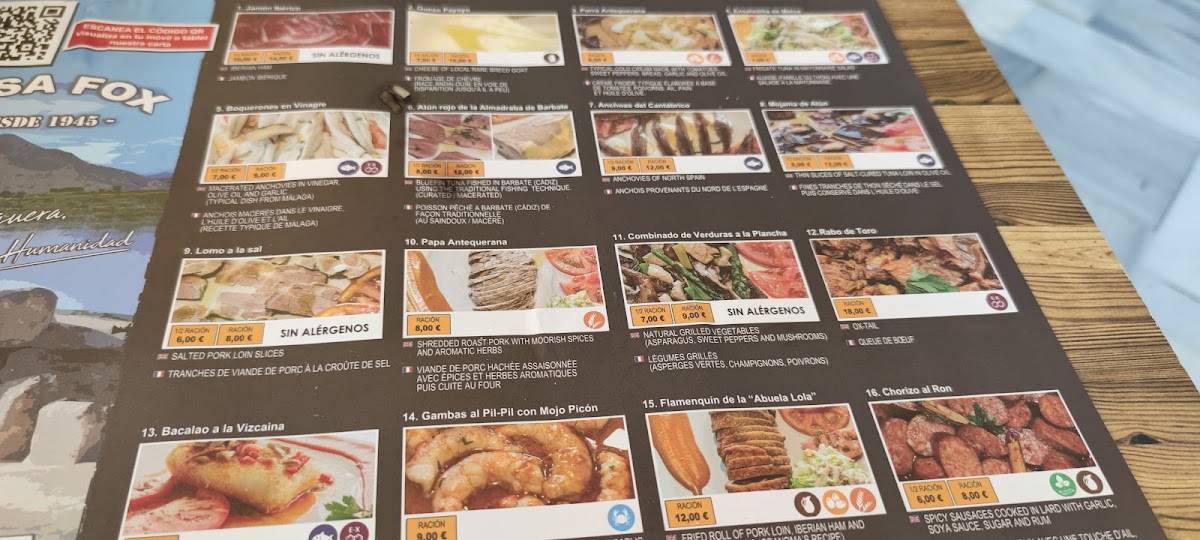 Carta del restaurante Casa Pepe Fox (Tapas y Platos Artesanos), Antequera