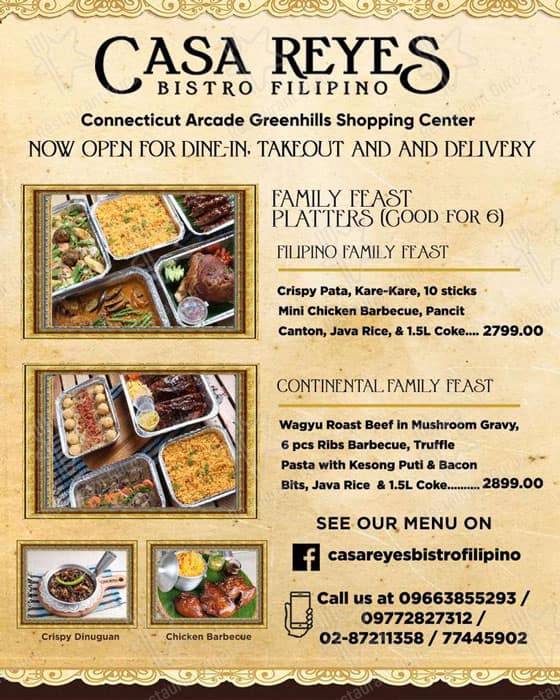 Menu at Casa Reyes Bistro Filipino restaurant, San Juan, Greenhills
