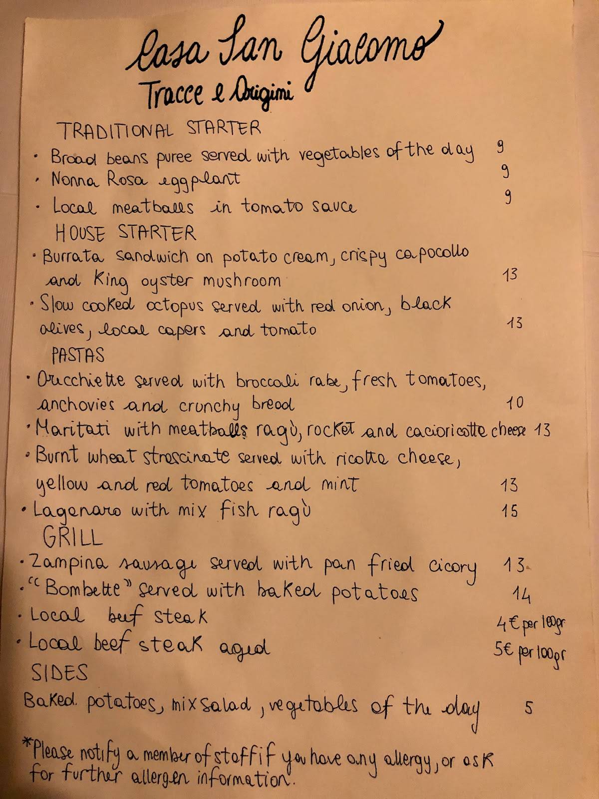 Menu at Casa San Giacomo Ostuni restaurant, Ostuni