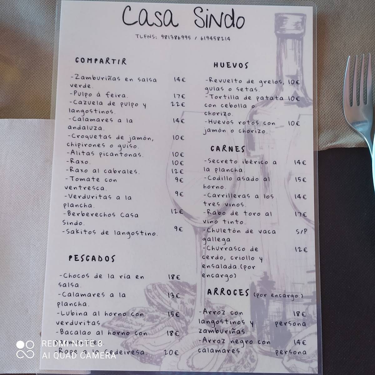 Menu at Casa Sindo cafeteria, Narón, Av. Souto Vizoso