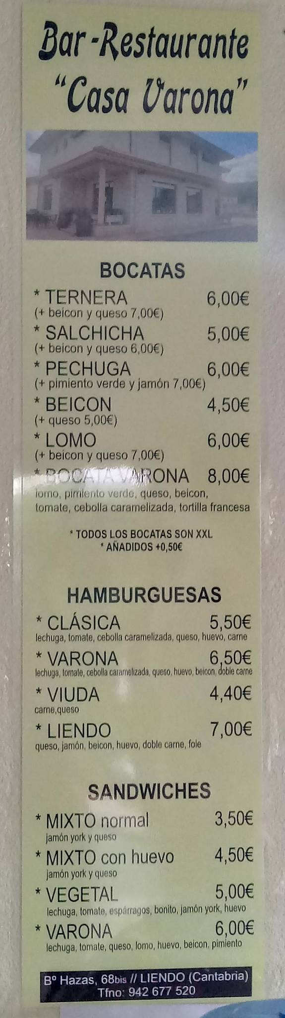 Menu at Casa Varona restaurant, Liendo, Bo. Hazas