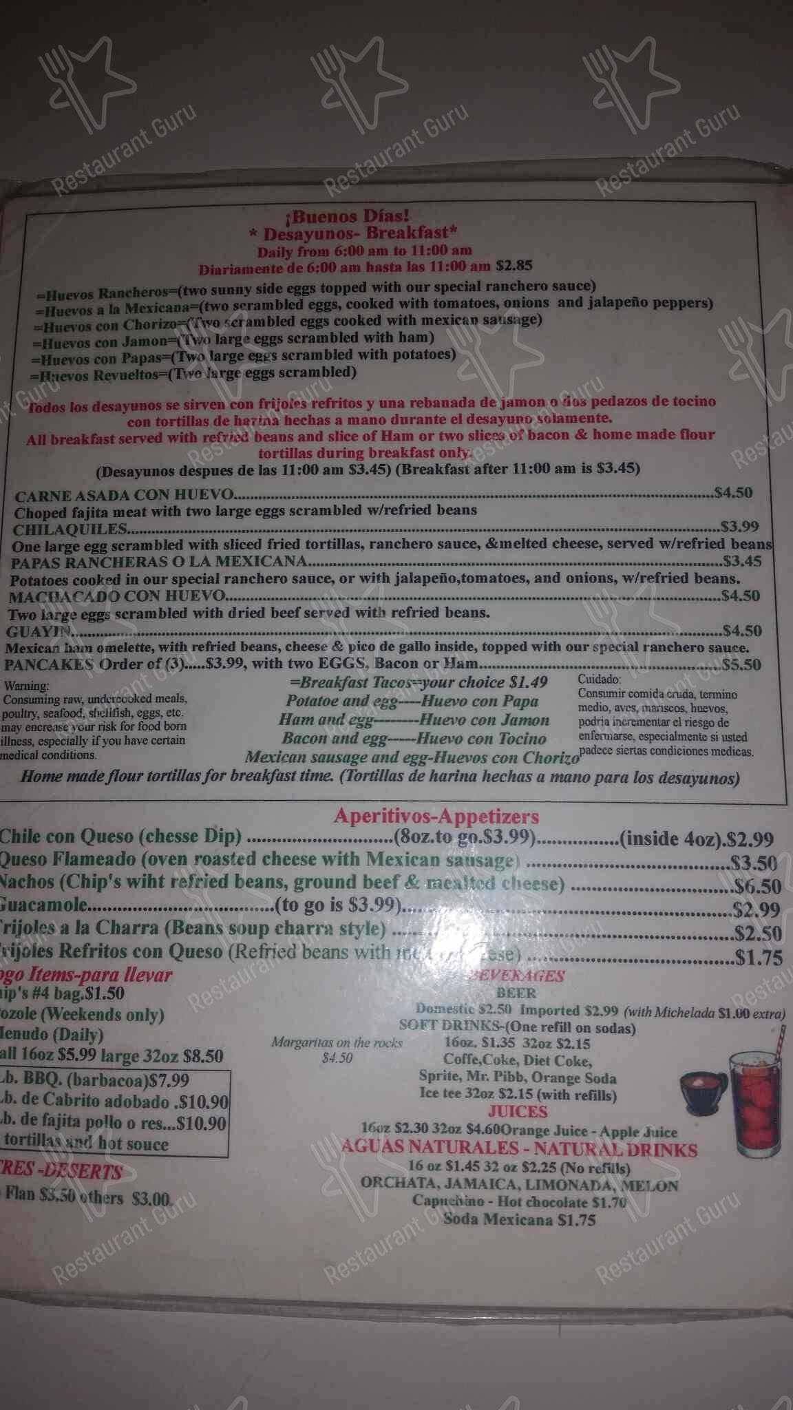 Menu at Casa de Leon restaurant, Houston, Long Point Rd