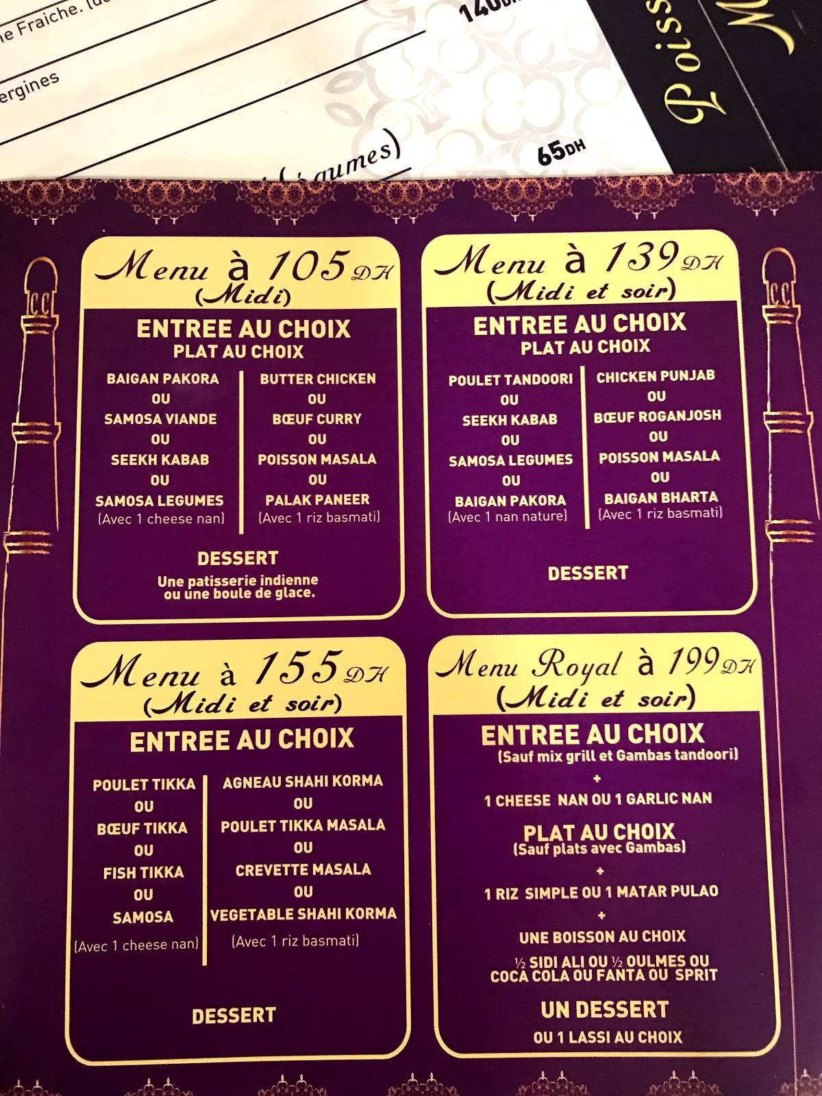 Menu at Bombay Palace restaurant, Casablanca
