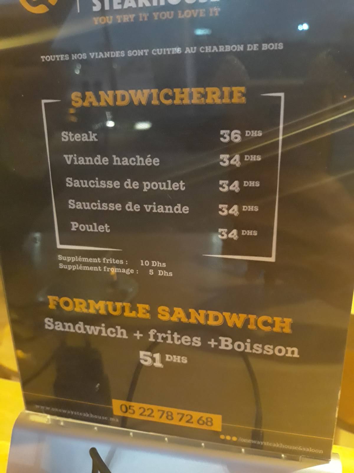 Menu at One Way Steakhouse, Casablanca