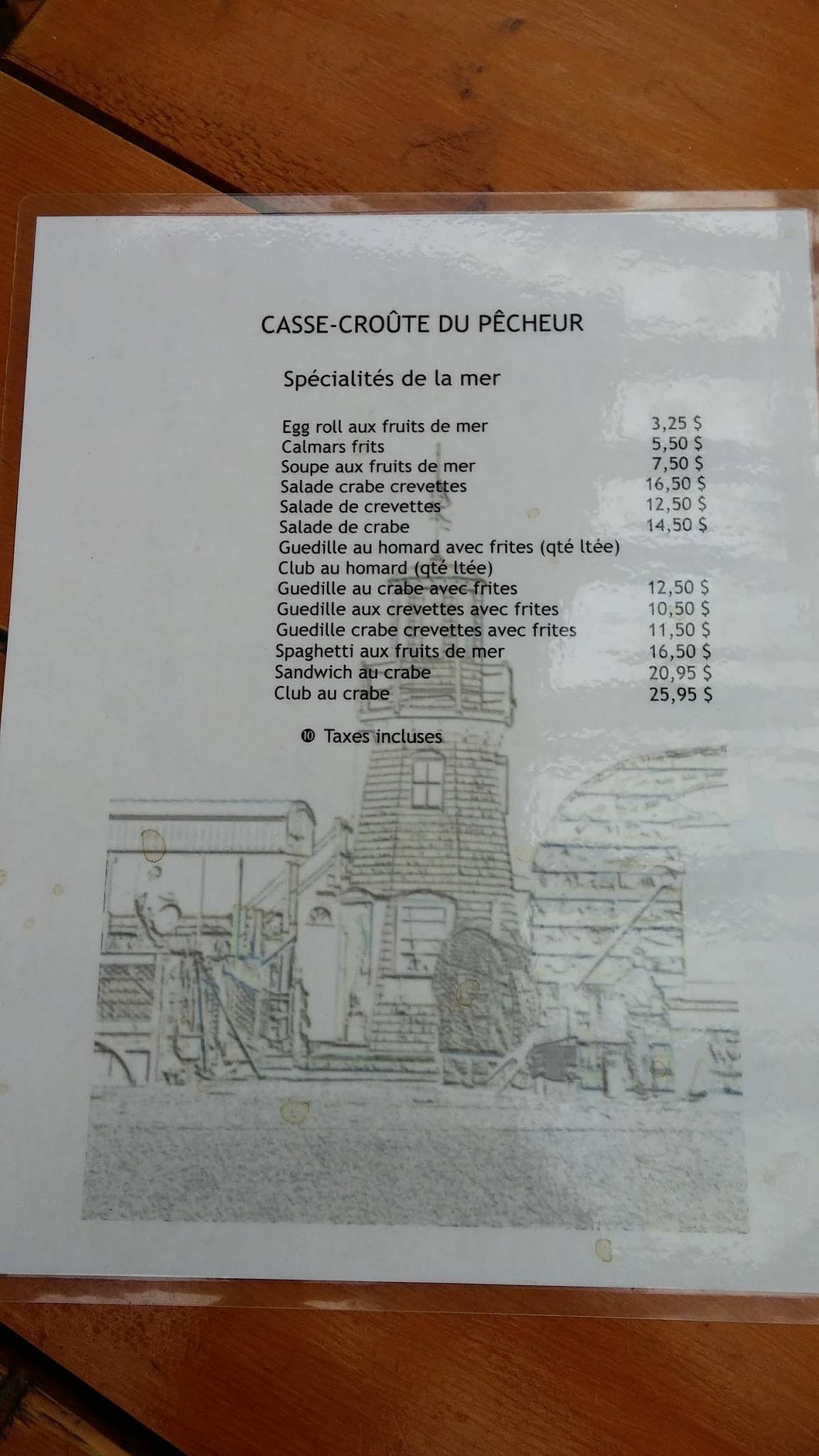 Menu au Casse-Croûte du Pêcheur restaurant, Sept-Iles