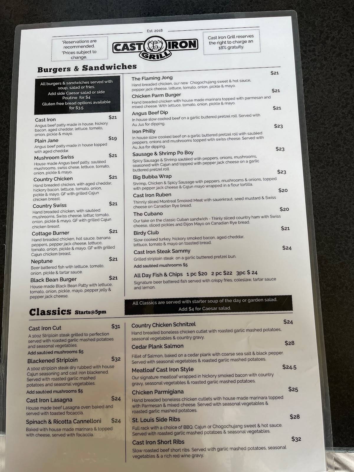 Menu au Cast Iron Grill restaurant, Fernie