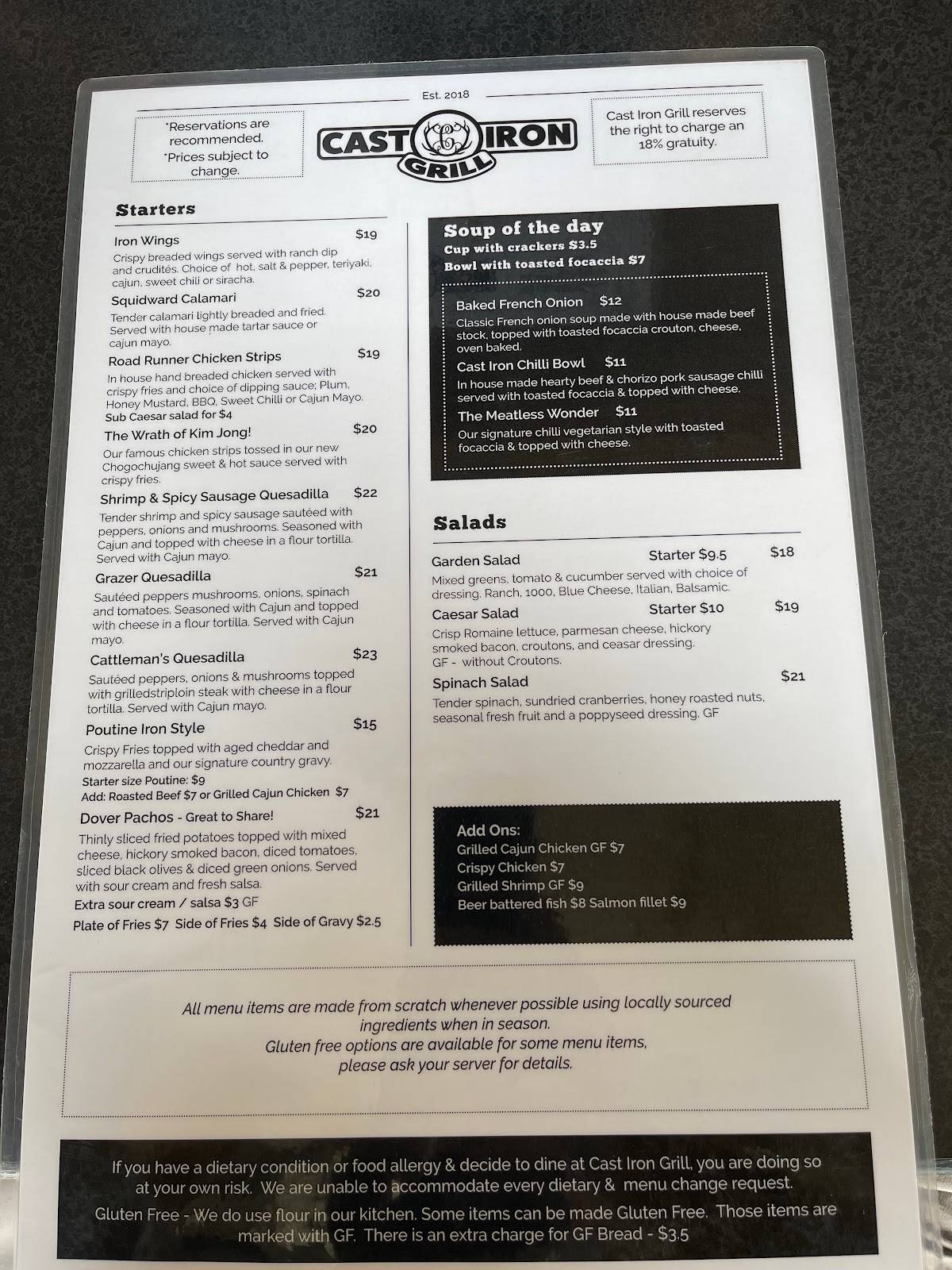 Menu at Cast Iron Grill restaurant, Fernie