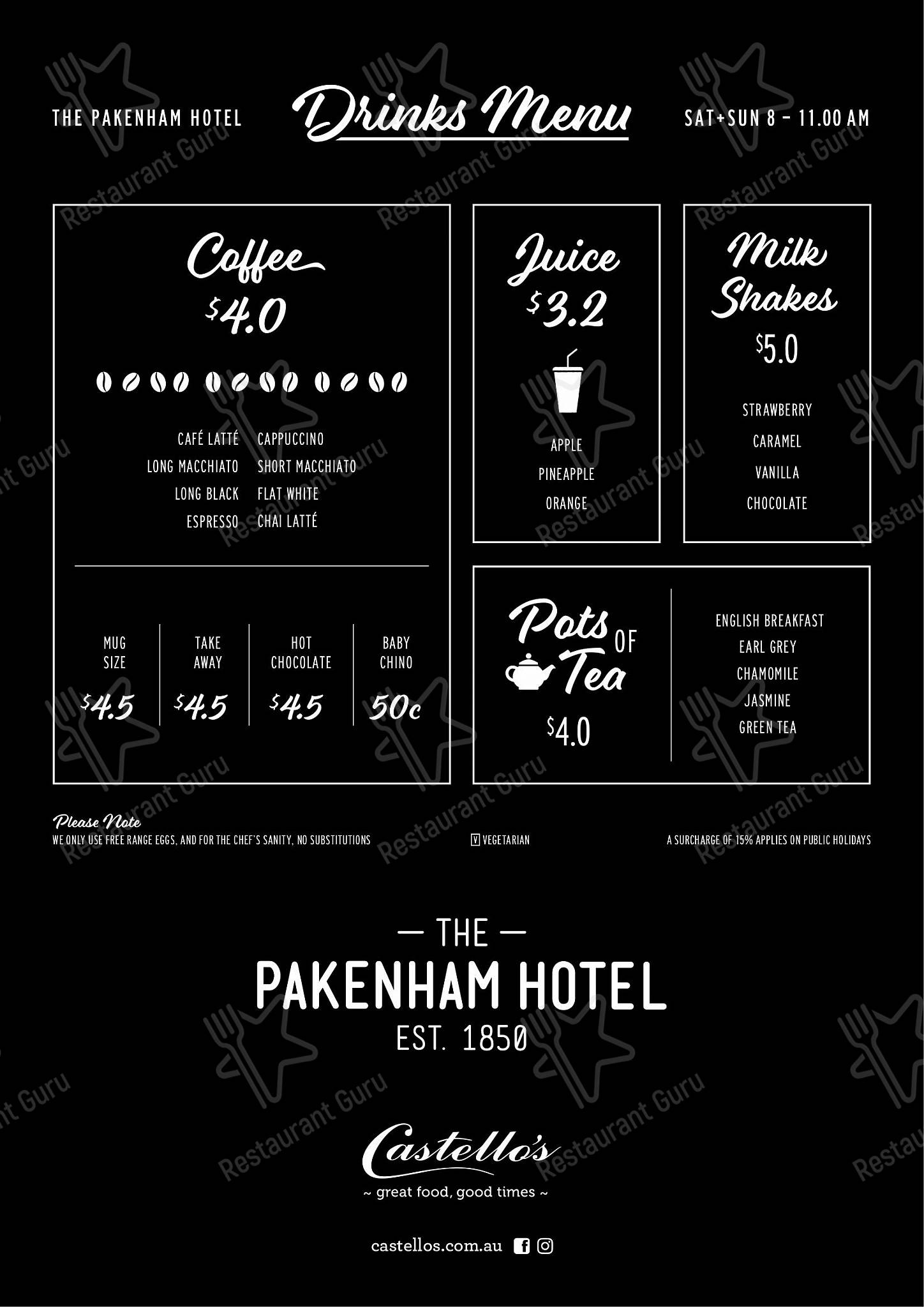 Menu at Castello's Pakenham International Buffet Hotel restaurant, Pakenham