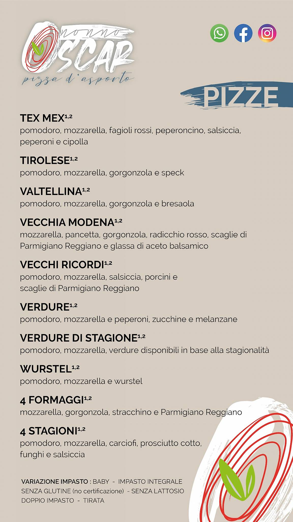 Menu da Nonno Oscar pizza d'asporto pizzeria, Castelvetro di Modena
