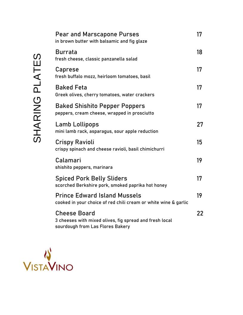 Menu at Vista Vino Modern Grill pub & bar, Castle Rock