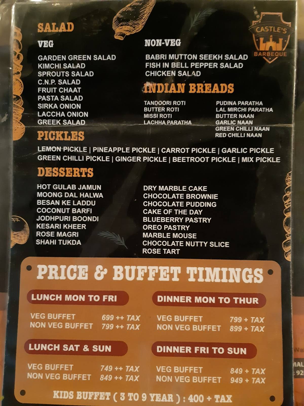 Menu at Castle's Barbeque - NSP, New Delhi