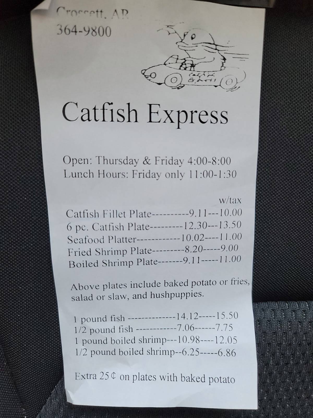 Menu at Catfish Express restaurant, Crossett
