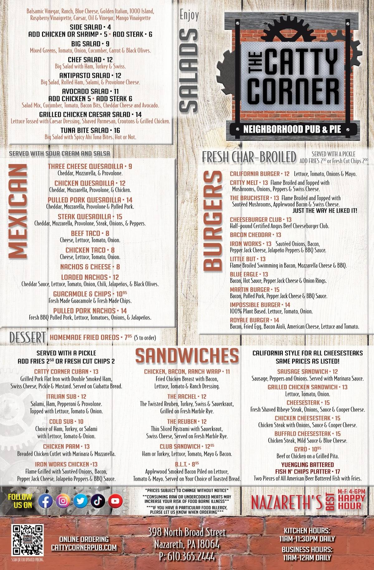 Menu at Catty Corner Neighborhood Pub and Pie Nazareth, Nazareth