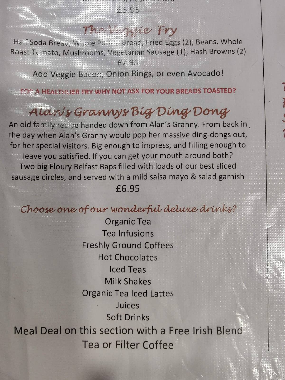 Menu at Causeway Cafe, Belfast