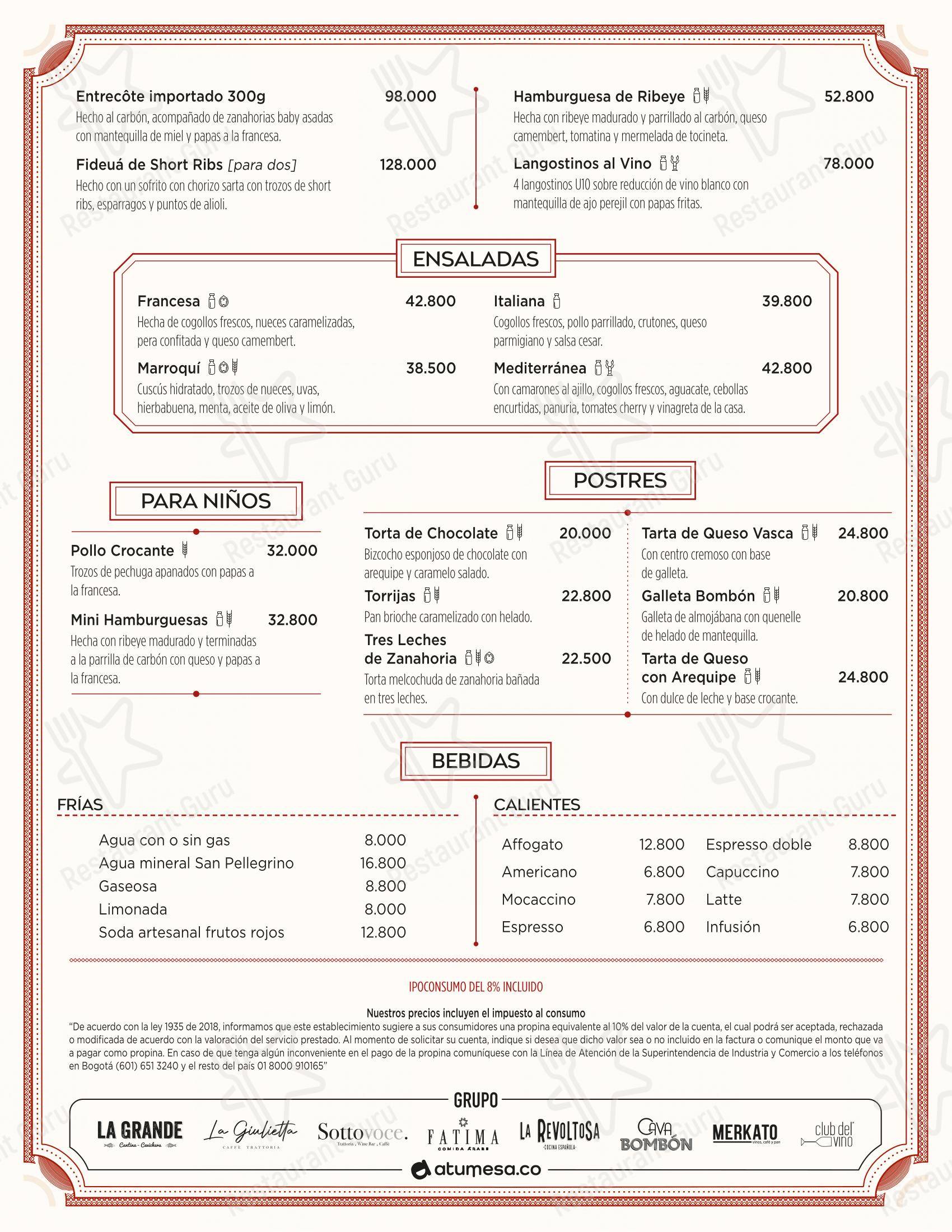 Menu at Cava Bombón restaurant, Bogotá