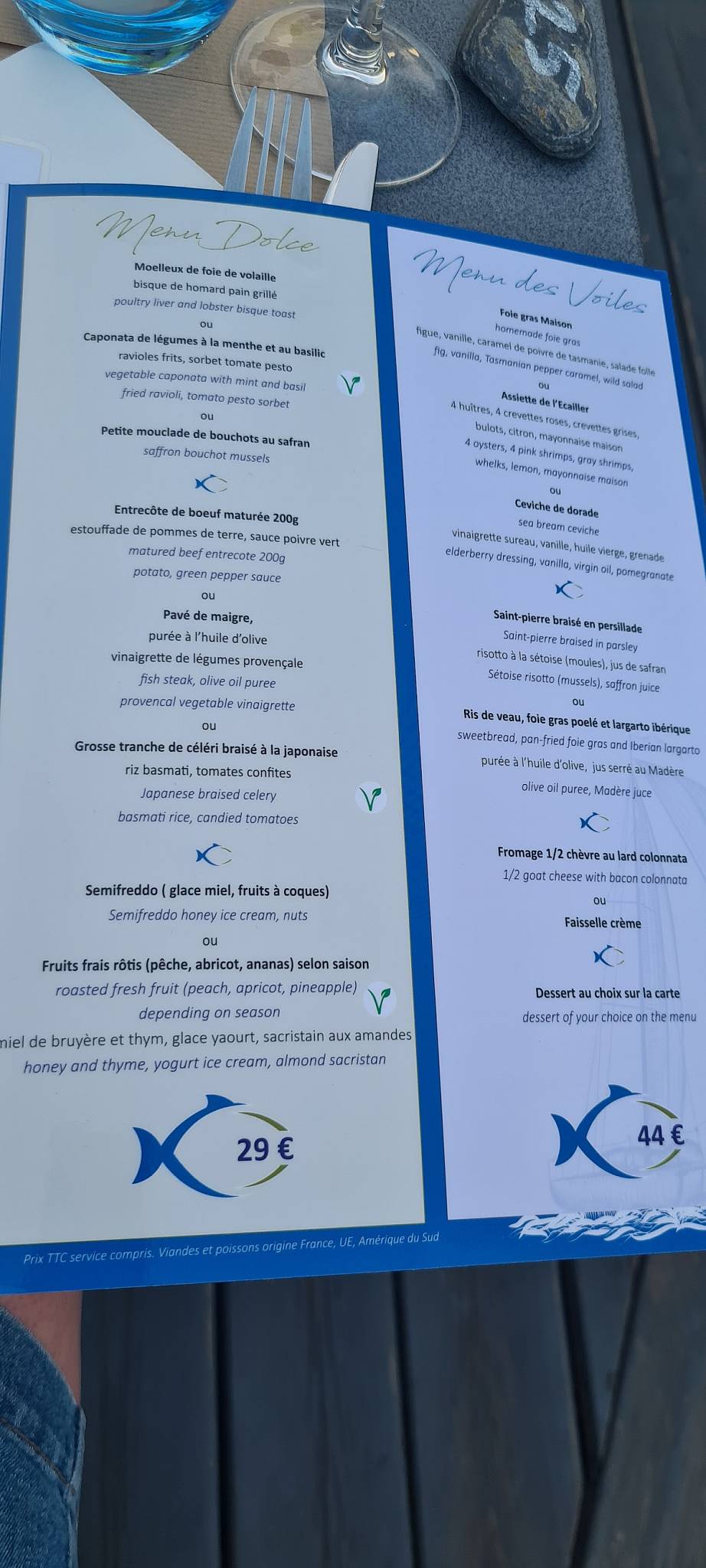 Menu au Dolce mare restaurant, Cavalaire-sur-Mer