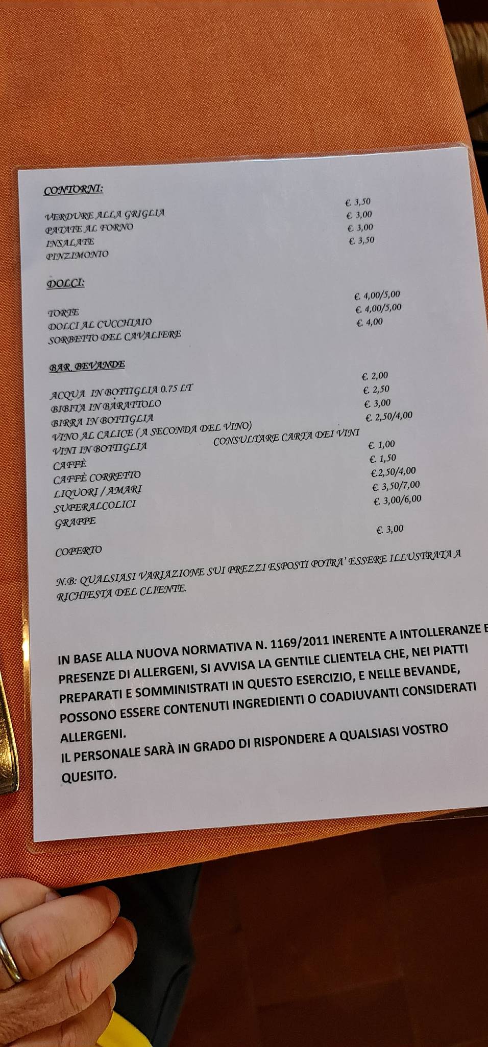 Menu da Cavalier Uliva ristorante, Copparo