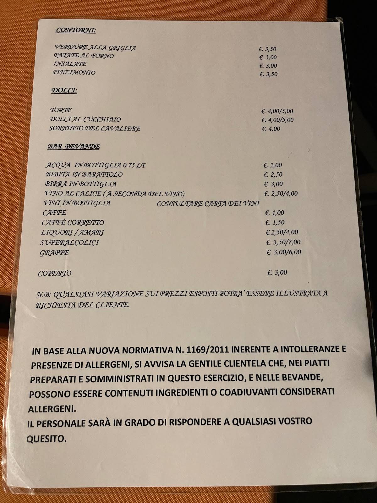 Menu da Cavalier Uliva ristorante, Copparo