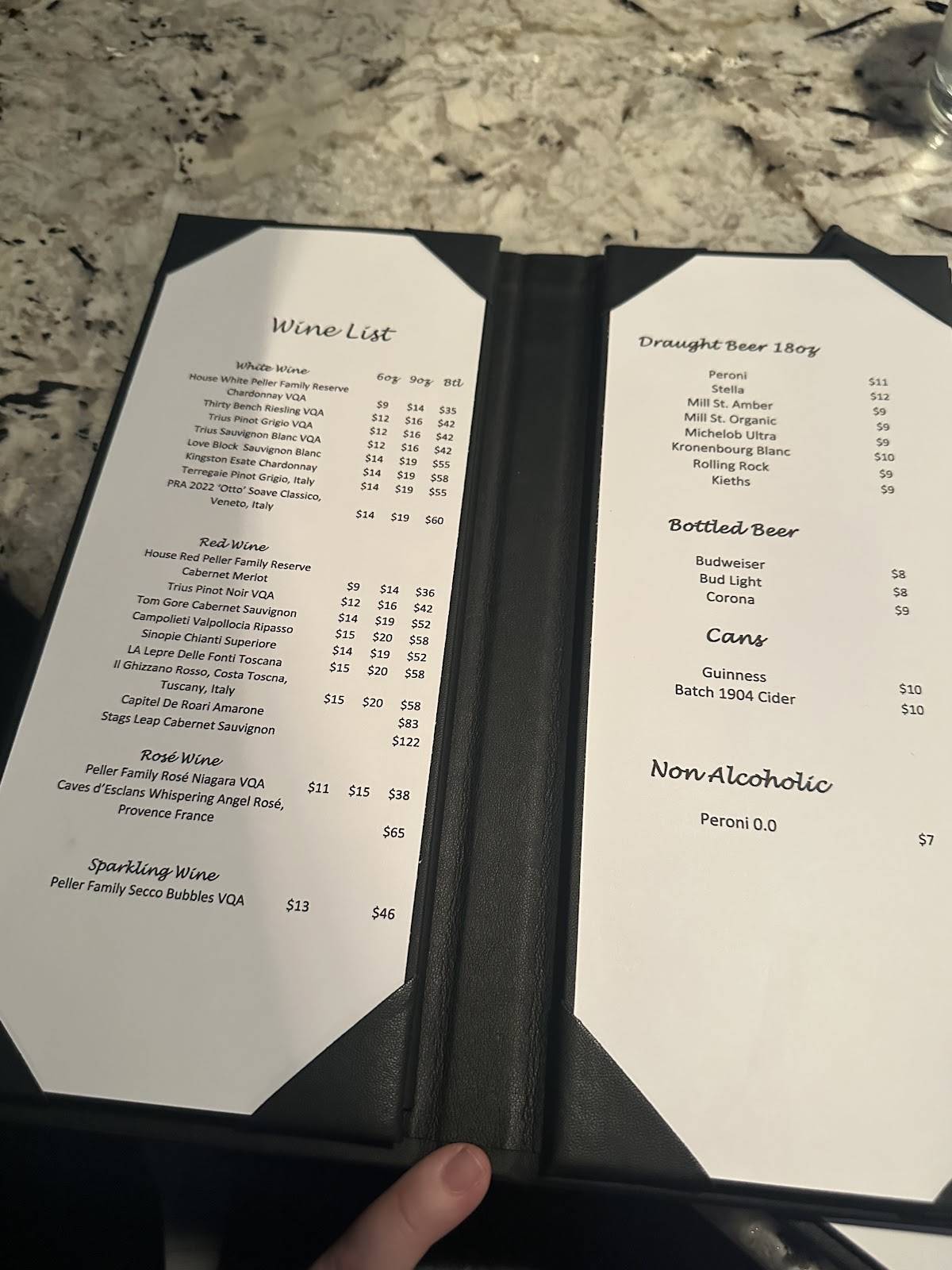 Carta del restaurante Cavallo Nero, Hamilton