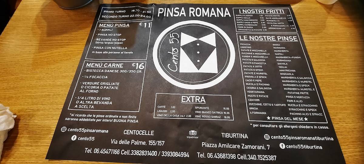 Menu da Cento55 Pinsa Romana ristorante, Roma
