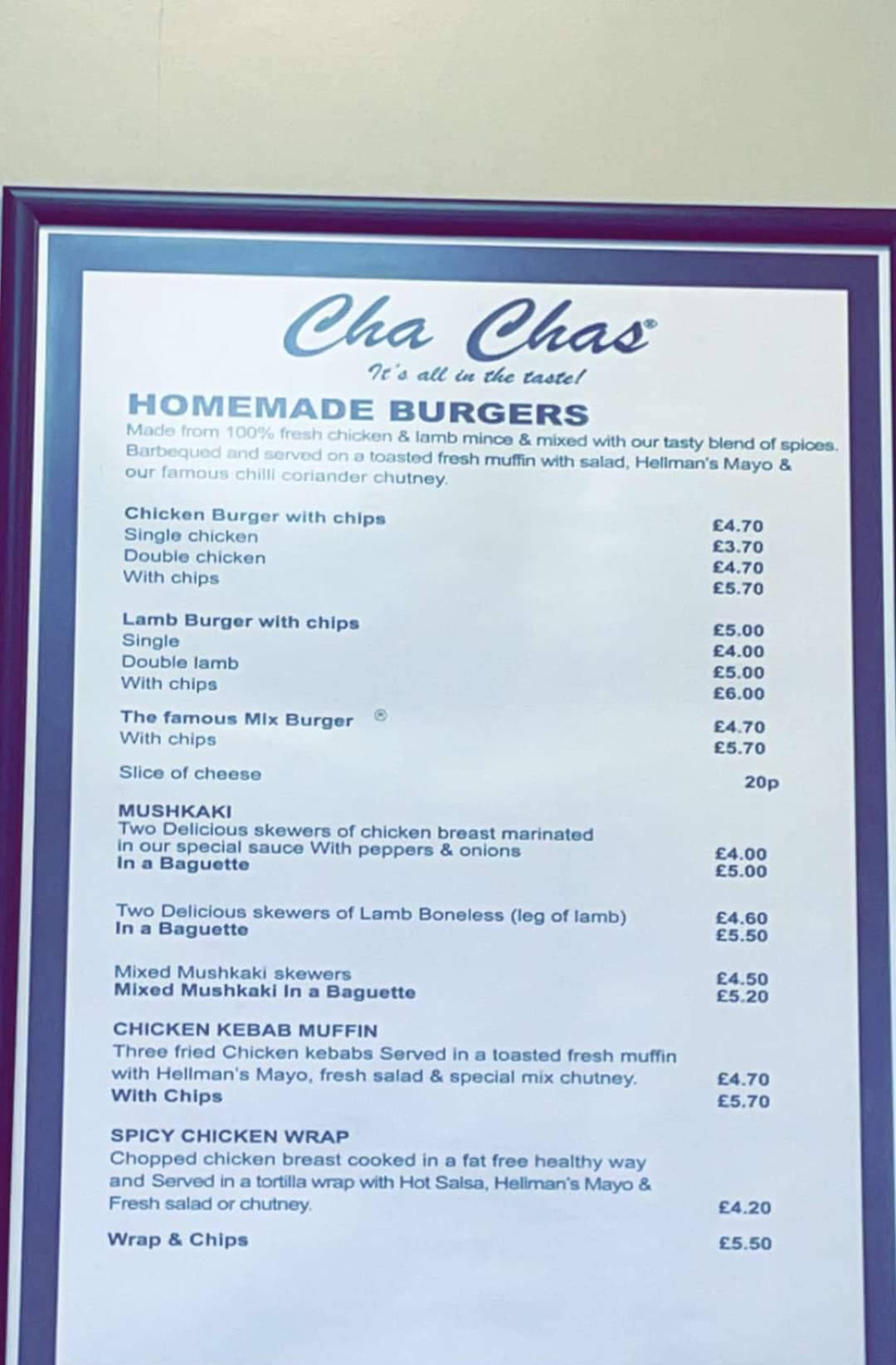 Menu at Cha Chas Rochdale restaurant, Rochdale