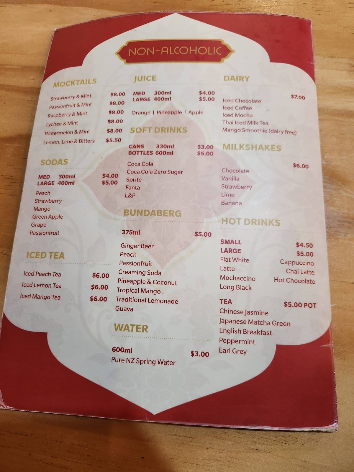 Menu at Chada Thai restaurant, Palmerston North